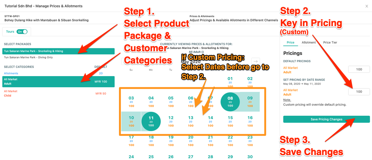 How to Set product pricing and allotments of SabahTravel Packages